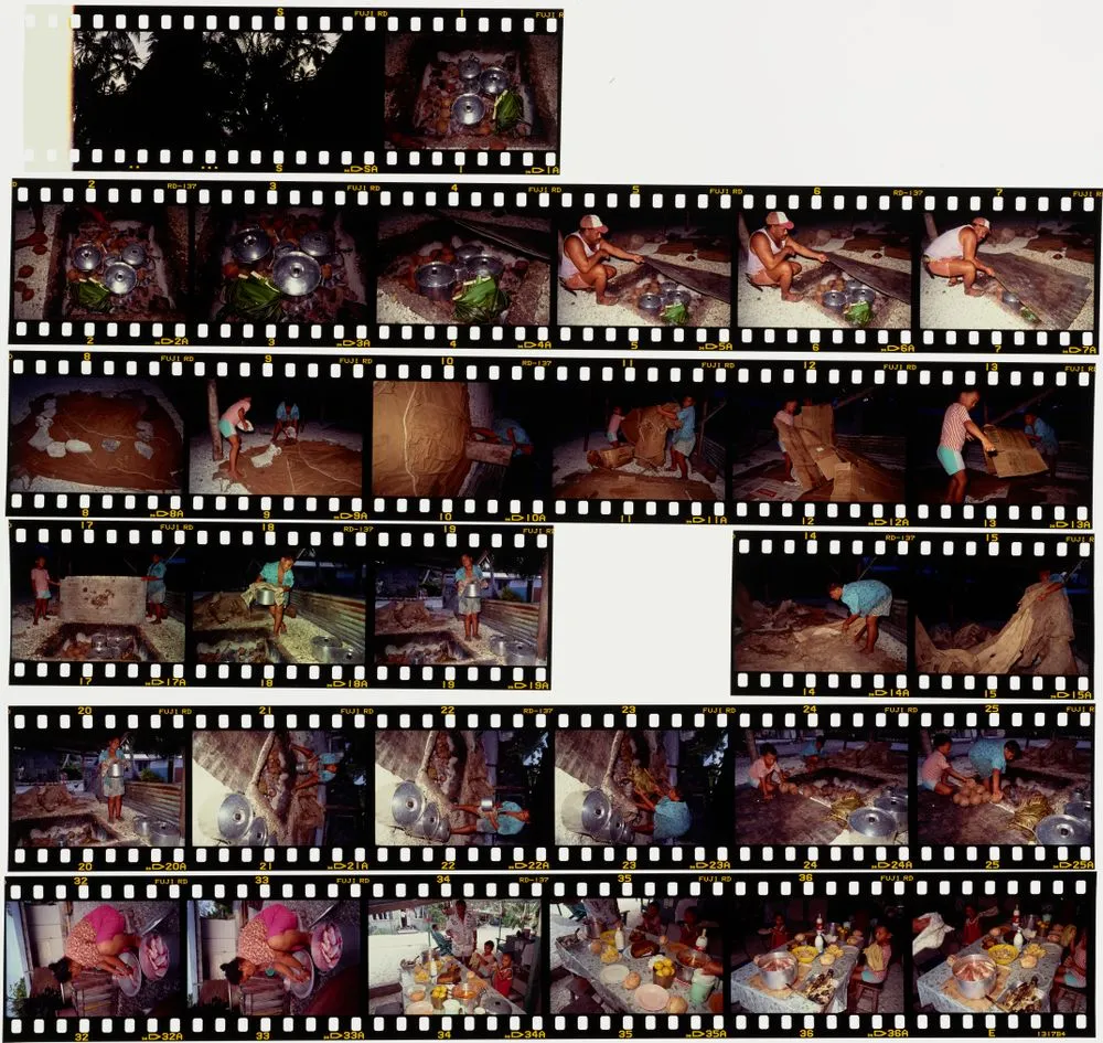 Preparation and unloading umu by sons of Nehemia Tauira, Manihiki, Cook ...