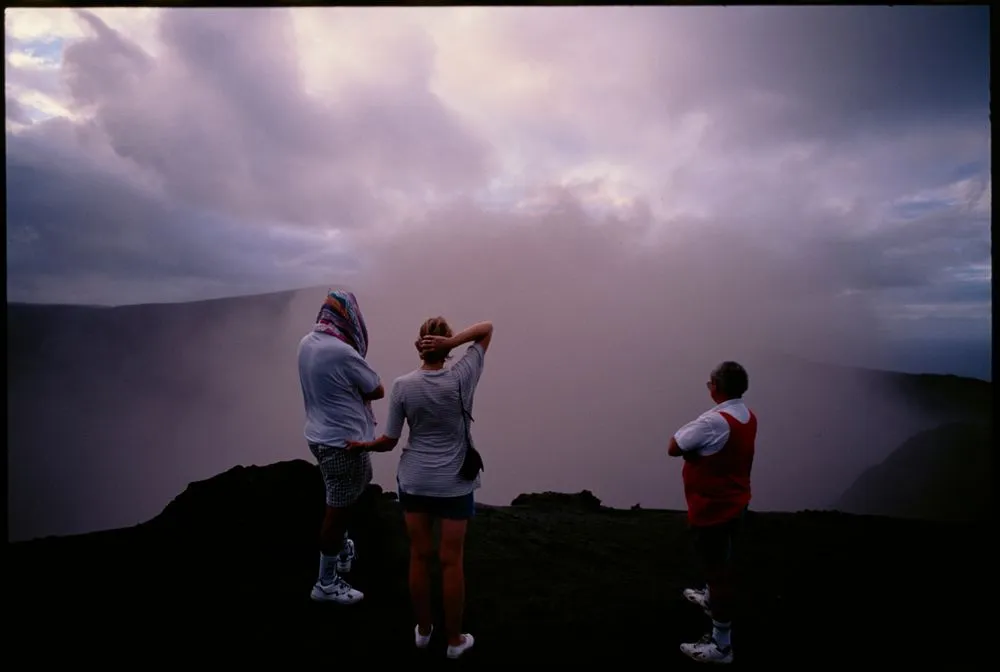 Three people on a volcano, Tanna, Vanuatu | Record | DigitalNZ