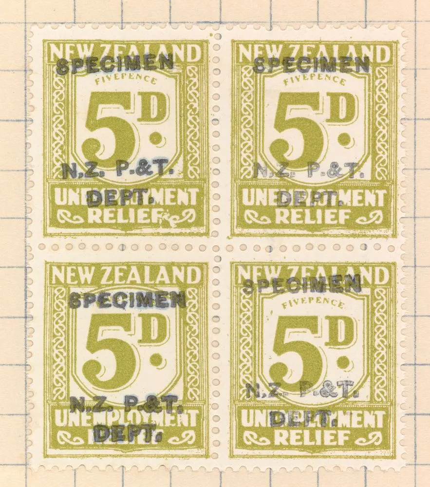 Block of five penny Unemployment Relief stamps overprinted 'Specimen ...