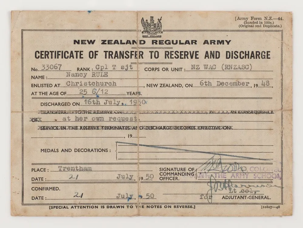 Certificate of Transfer to Reserve and Discharge, Nancy Rule | Record | DigitalNZ