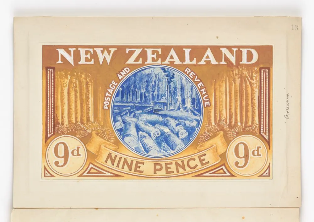 Unaccepted design for nine penny 1935 pictorial stamp | Record | DigitalNZ