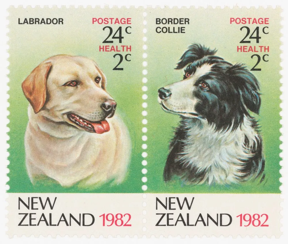 Se tenant strip of two issued twenty four cent 'Dog' Health stamps | Record | DigitalNZ