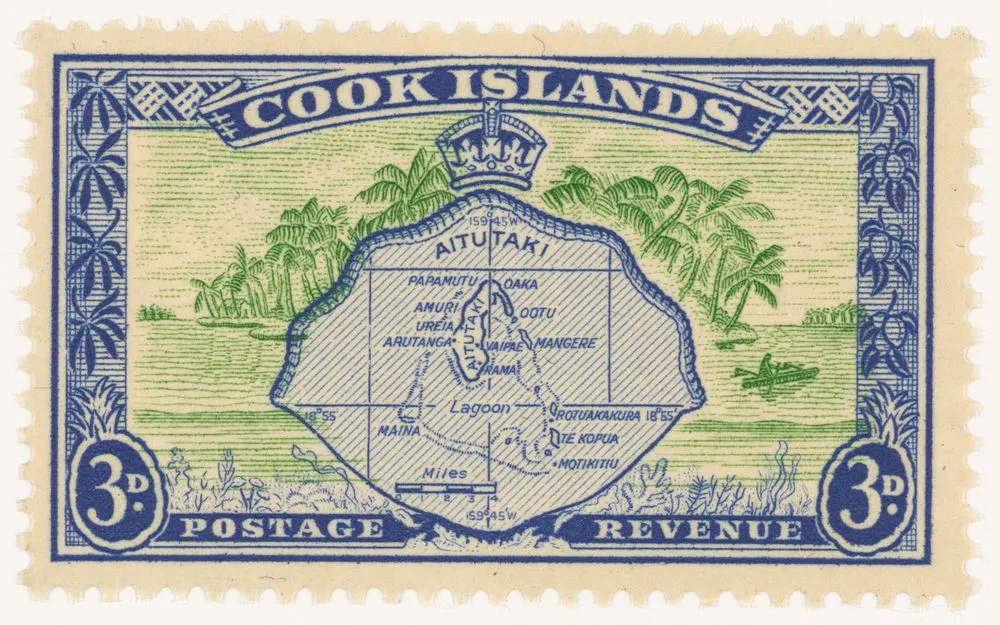 Issued three penny 'Aitutaki' Cook Islands stamp | Record | DigitalNZ