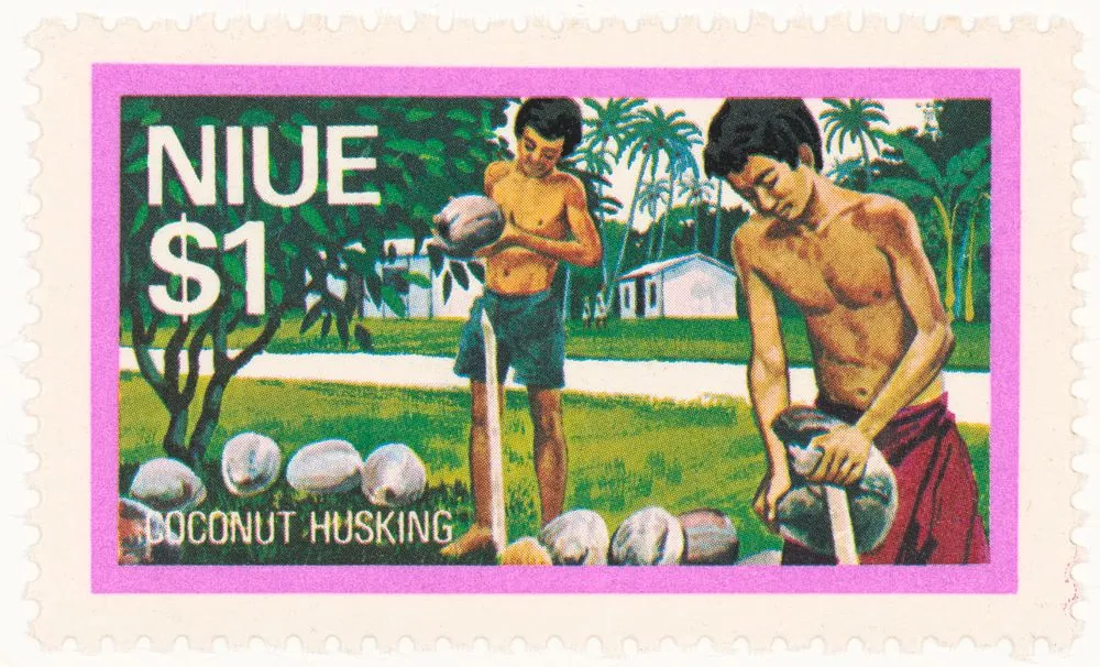 Issued one dollar Niue 'Coconut husking' definitive stamp | Record ...