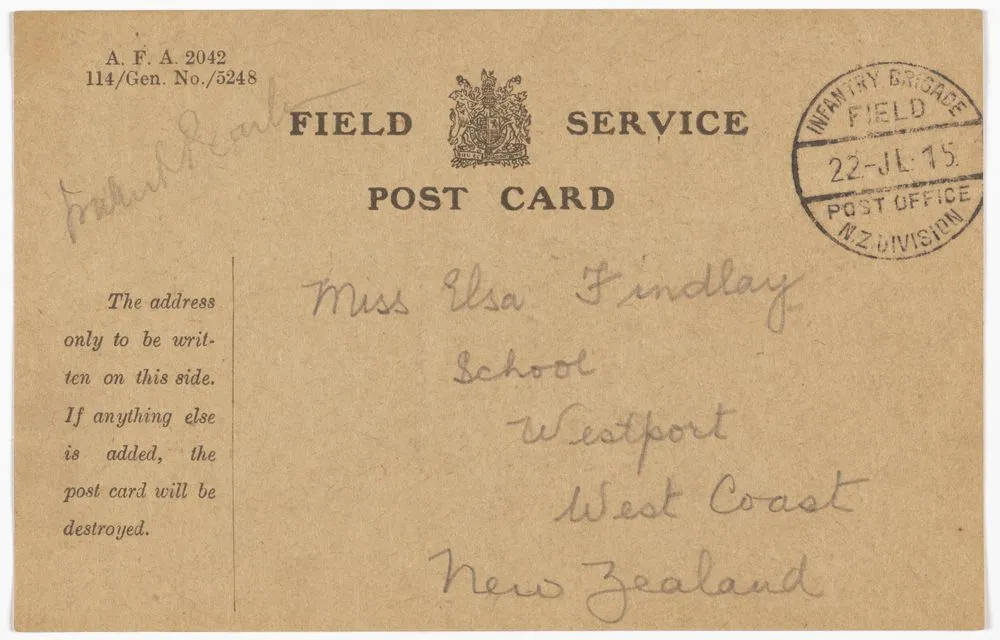 Postcard, 'Field Service Post Card', WWI | Record | DigitalNZ