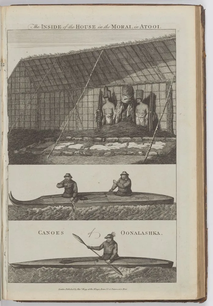 The Inside of the House in the Morai, in Atooi; Canoes of Oonalashka ...