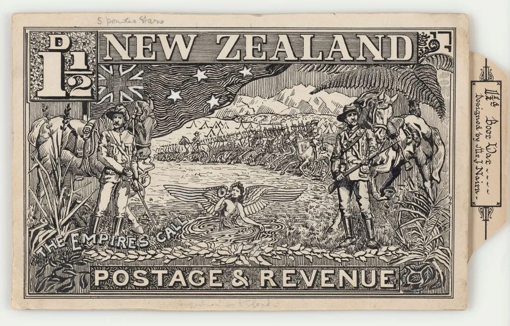 Original artwork [ink] for one and a half penny 'Empire's Call' stamp ...