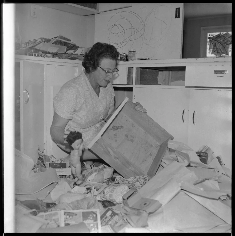 Mrs Deed looks at damage done by vandals. | Record | DigitalNZ