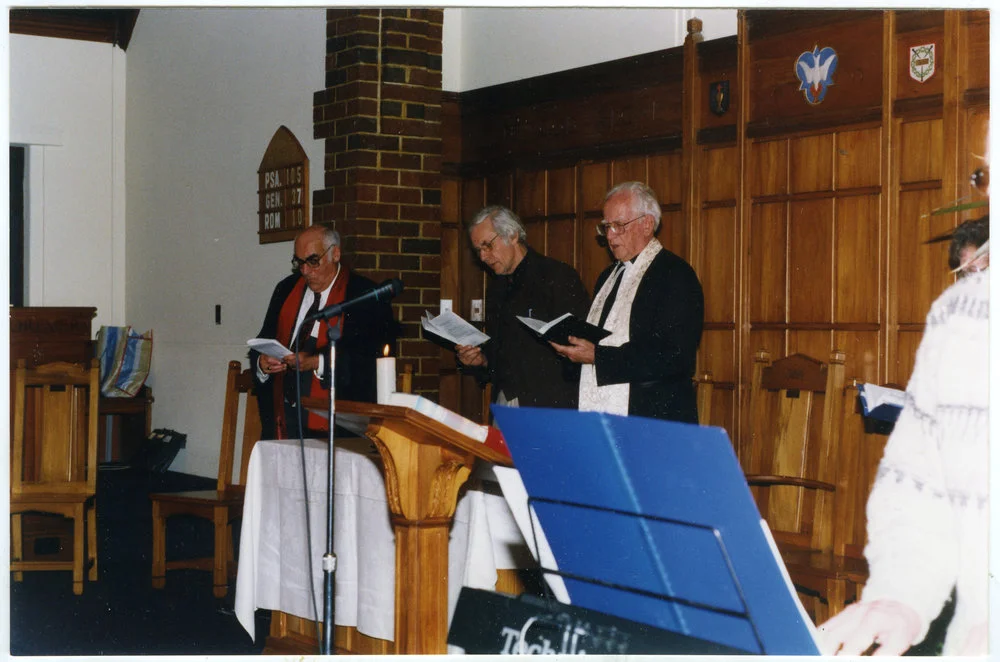 Tom Campbell, Jan McBride, Len Pierce addressing St. Columba ...