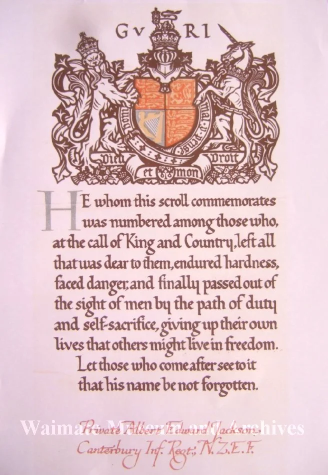 WWI Commemorative Certificate for Private Albert Edward Jackson | Record | DigitalNZ