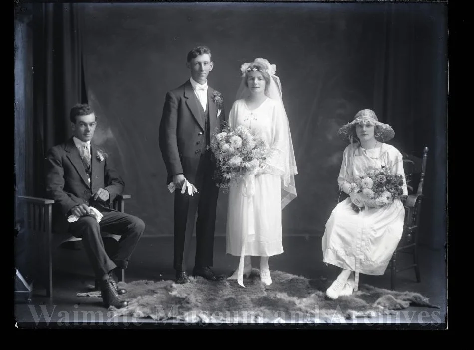 Bride and groom with maid of honour and best man | Record | DigitalNZ
