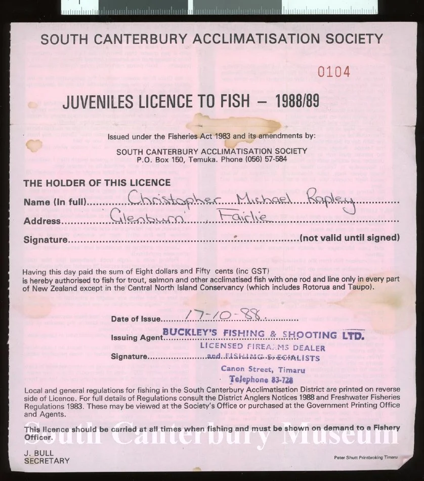 Juvenile license to fish - 1988/89 : Christopher Michael Rapley License ...