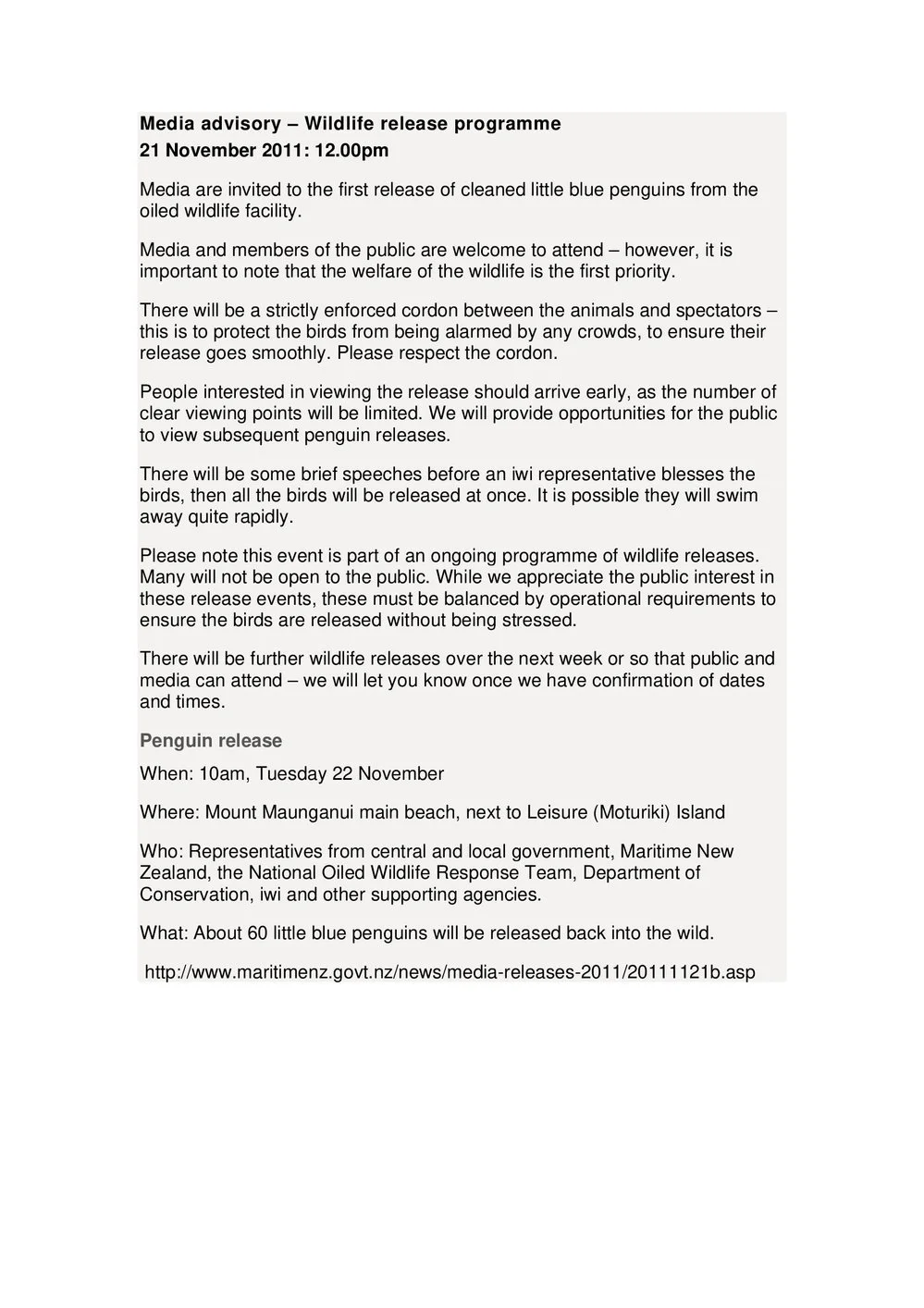 Media advisory – Wildlife release programme 21 November 2011 | Record ...