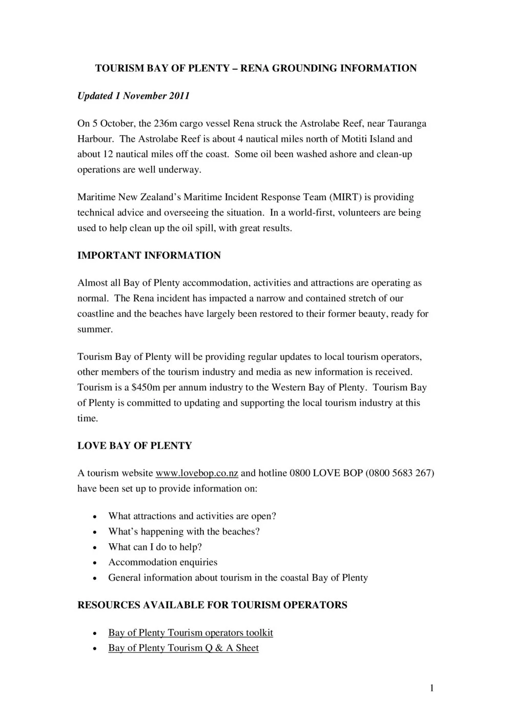 Tourism Bay of Plenty Rena grounding information November 1 2011 ...