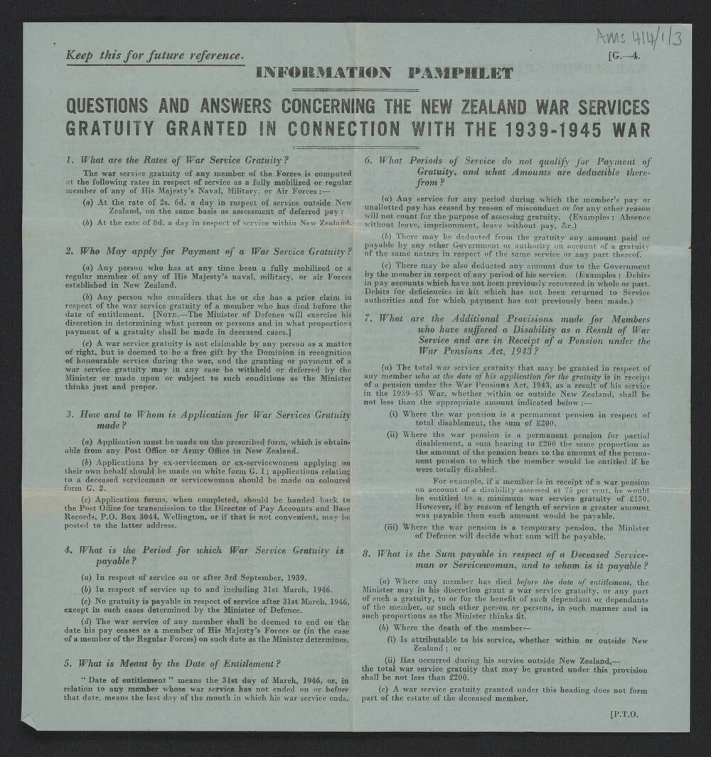 Information pamphlet: Questions and answers concerning the New Zealand War Services Gratuity in ...