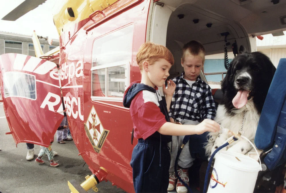 Westpac rescue helicopter in Maidstone Mall carpark. | Record | DigitalNZ