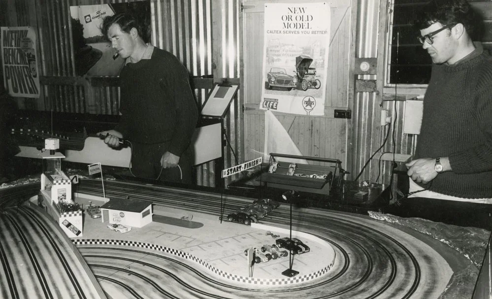 Slot-racing model cars in Ron Poppleton's garage; Peter Messenger, Alex ...