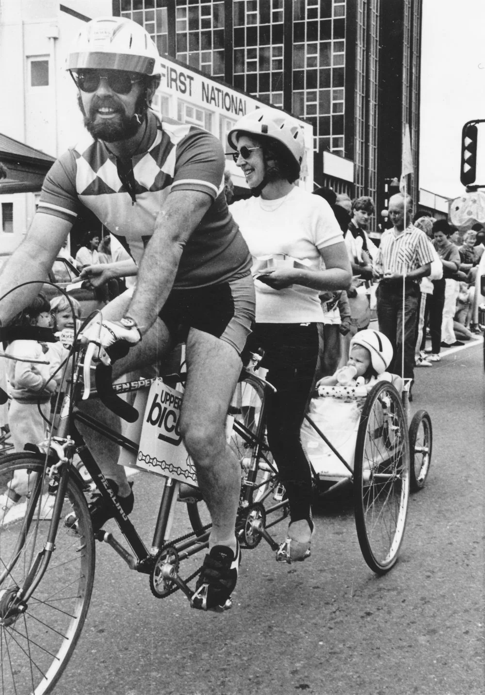 Christmas parade 1987; David Butler and Sheila Radcliffe on tandem ...