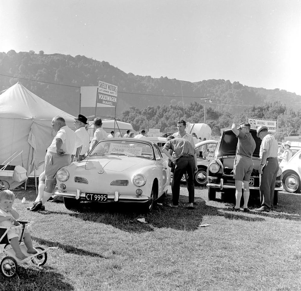 A & P show; cars; Shelly Motors' stand; Volkswagen Karmann Ghia coupe ...
