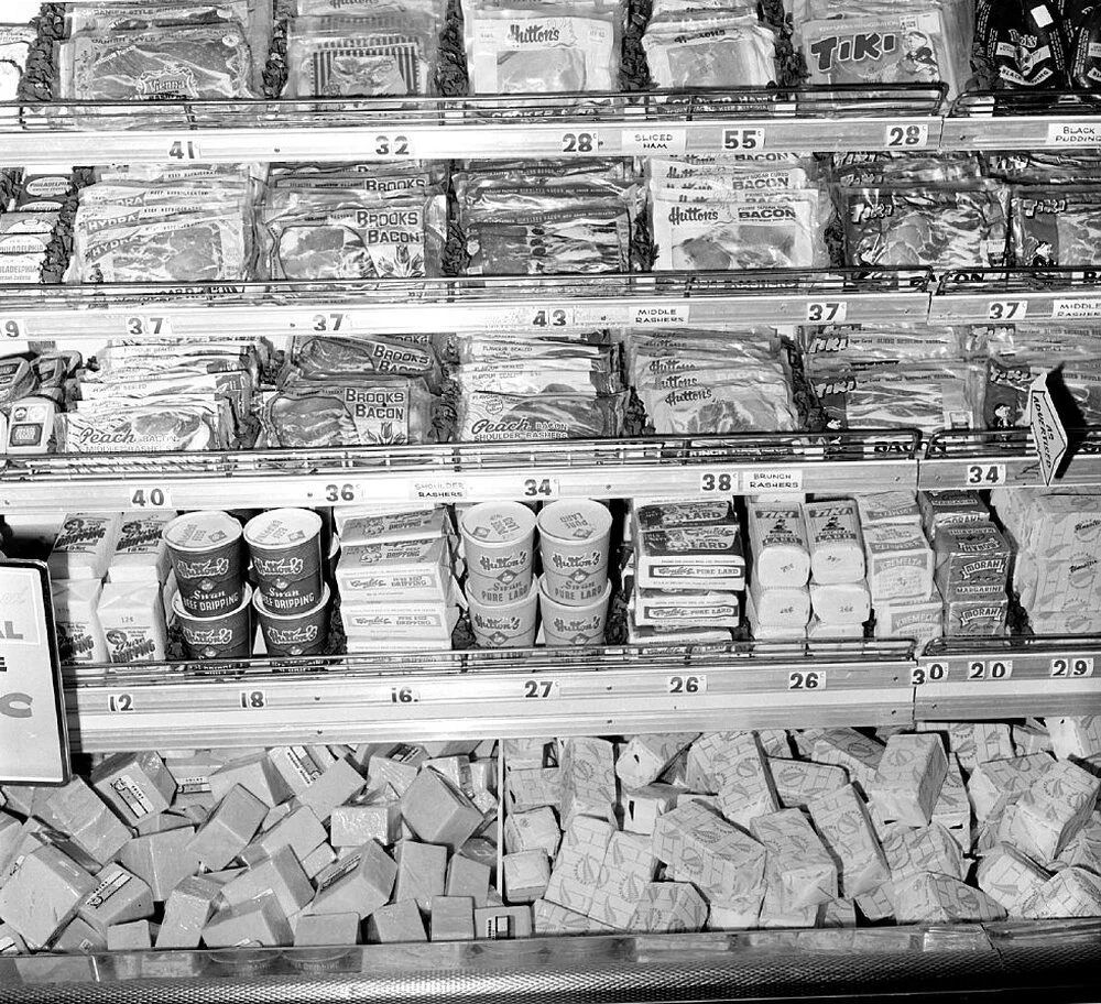 Woolworths display; bacon, dripping, cheese, butter, etc. [P1-6383-8773 ...