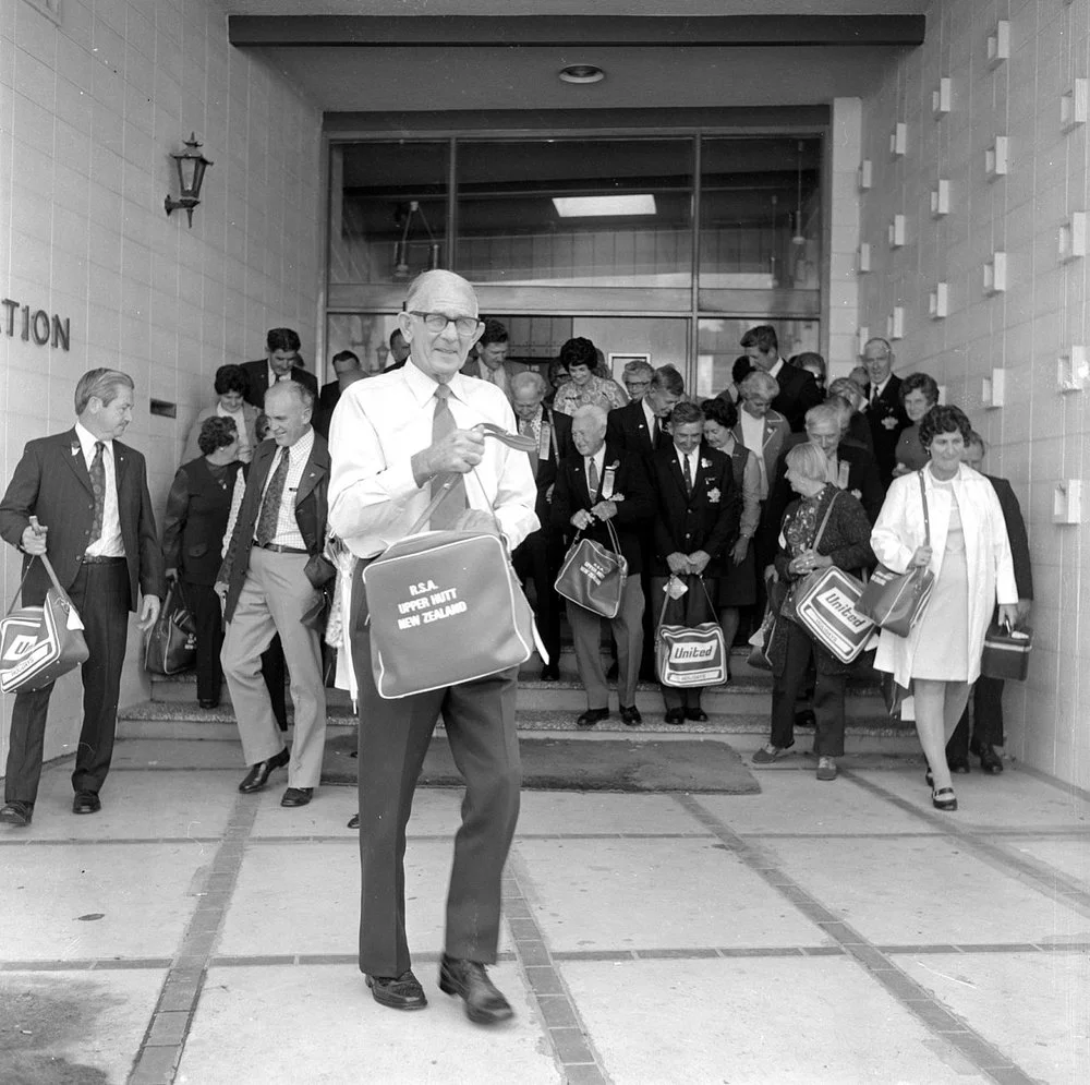 RSA members and wives at front door; Australia tour party, 1974. [P1 ...