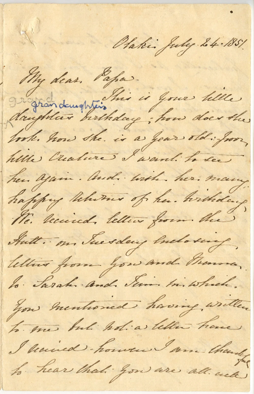 Letter from Catherine Hadfield to her father, Henry Williams, July 1851 ...
