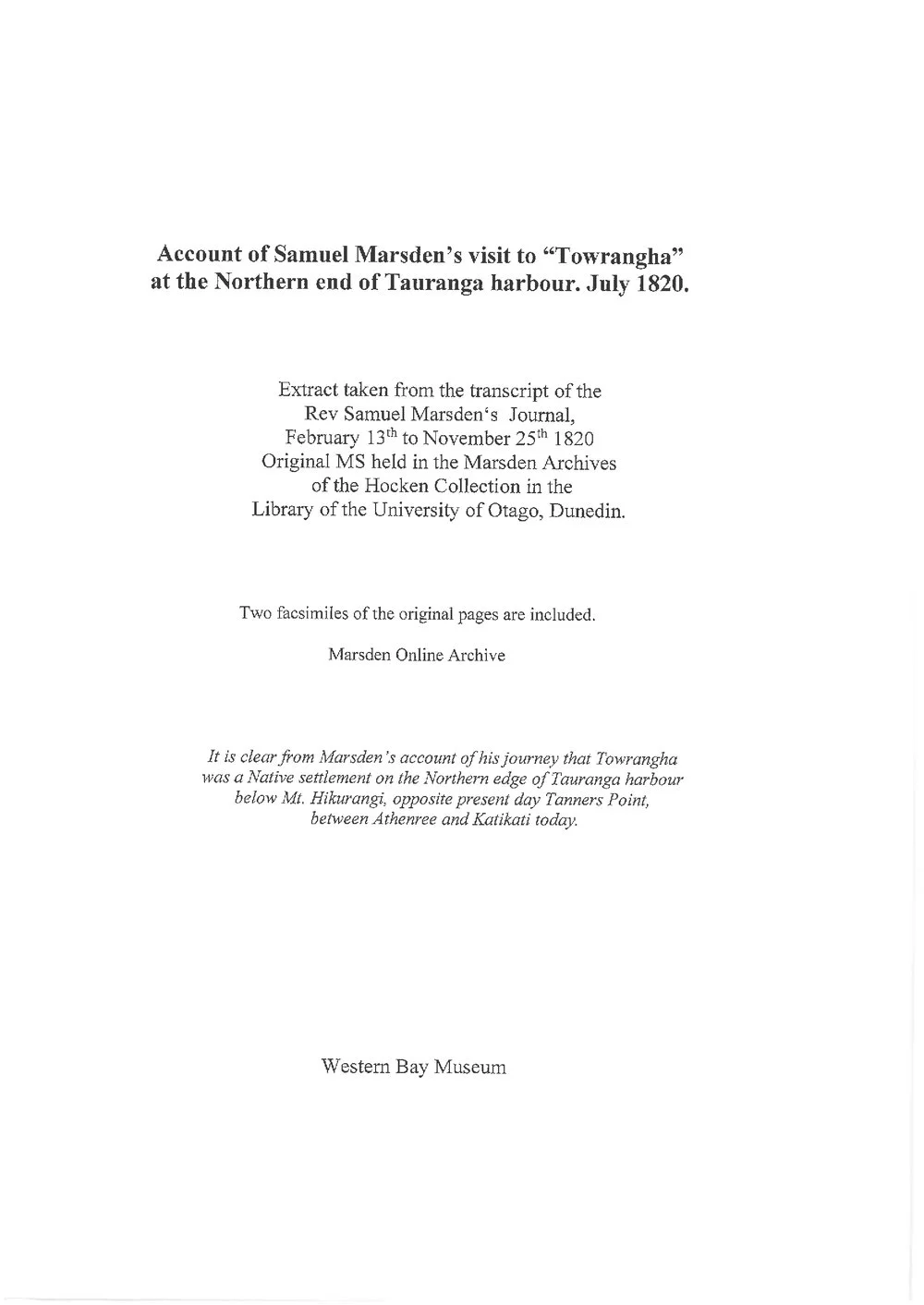 Rev. Samuel Marsden's visit to Tauranga Harbour in July 1820 | Record ...