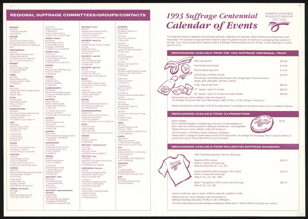 '1993 Suffrage Centennial Calendar Of Events' | Record | DigitalNZ